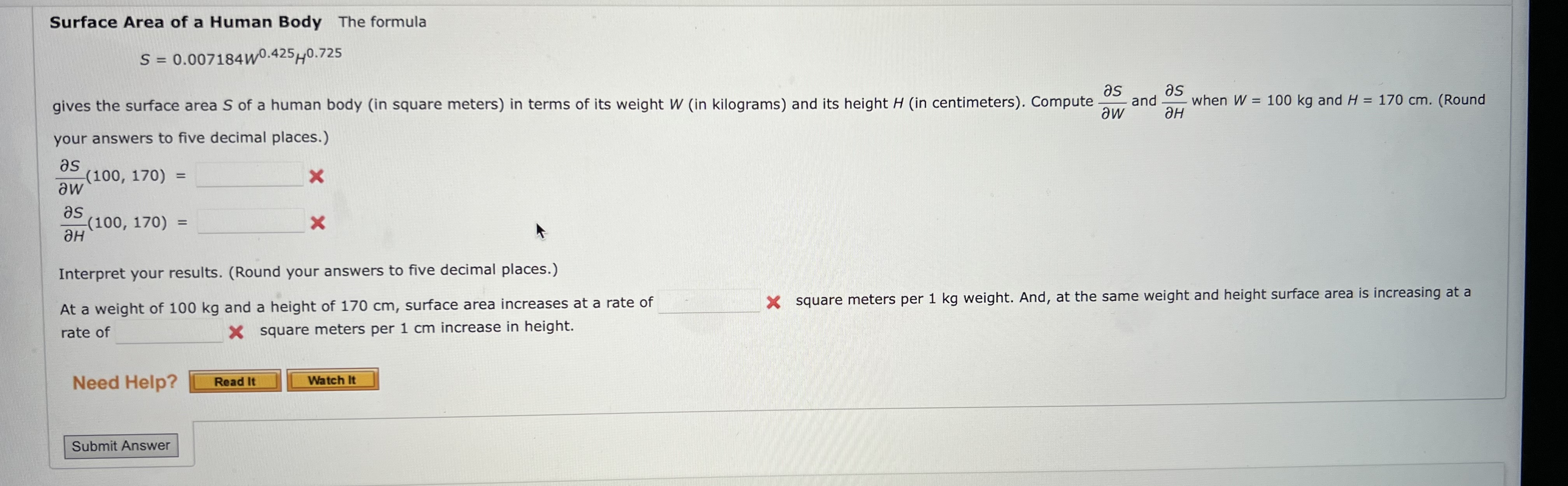 Solved Surface Area of a Human Body The formula | Chegg.com