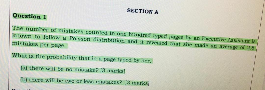 Solved SECTION A Question 1 The number of mistakes counted | Chegg.com