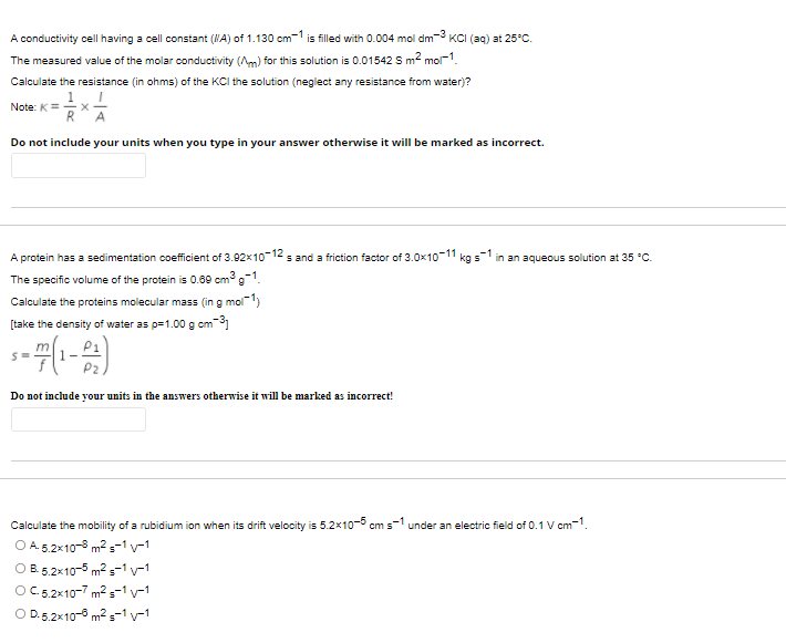 Solved A conductivity cell having a cell constant (WA) of | Chegg.com