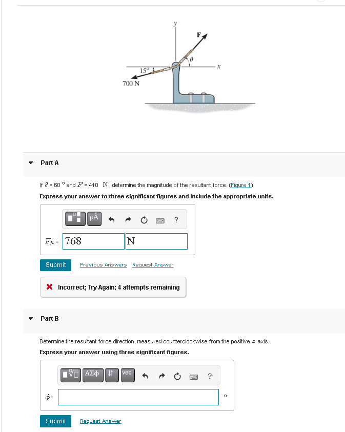 Solved Part AIf g=60° ﻿and F=410N, ﻿determine the magnitude | Chegg.com