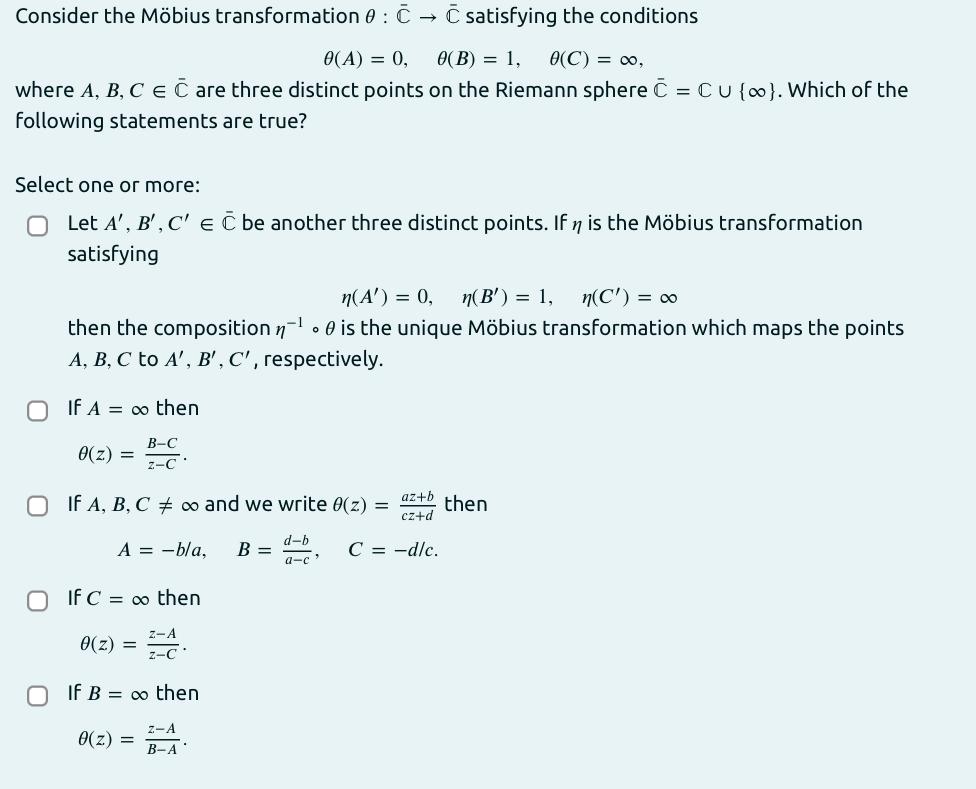 Solved Consider the Möbius transformation θ:C→C satisfying | Chegg.com