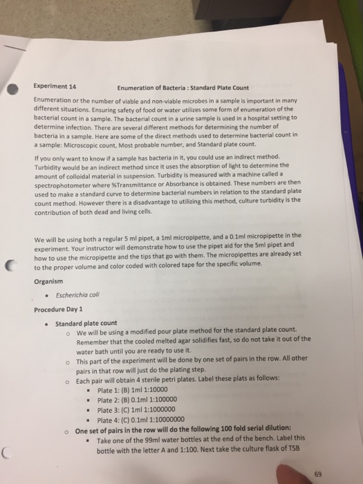 Experiment 14 Enumeration of Bacteria: Standard Plate | Chegg.com