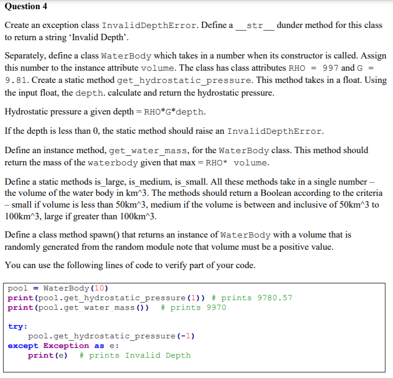 Solved Question 4 Create an exception class | Chegg.com