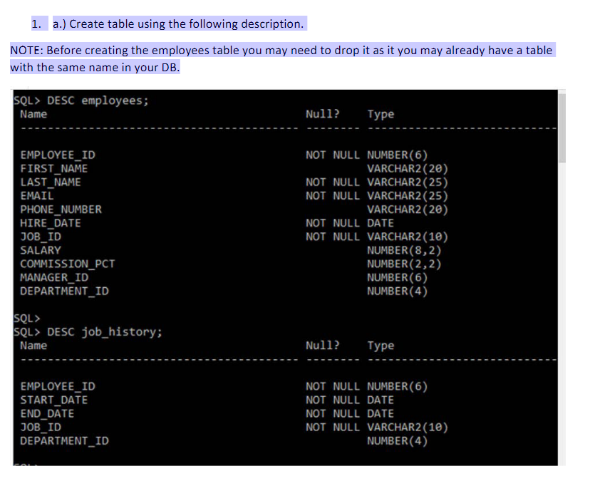 Solved 1. a.) Create table using the following description. | Chegg.com