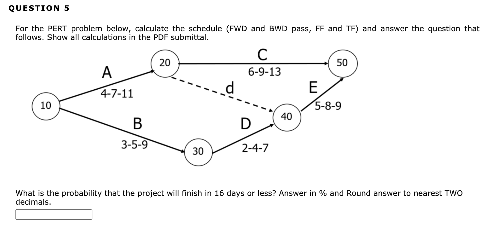 Solved QUESTION 5 For the PERT problem below, calculate the | Chegg.com
