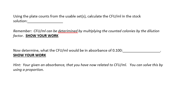 Solved Part I: Calibrating CFU/ml with Optical Density at | Chegg.com