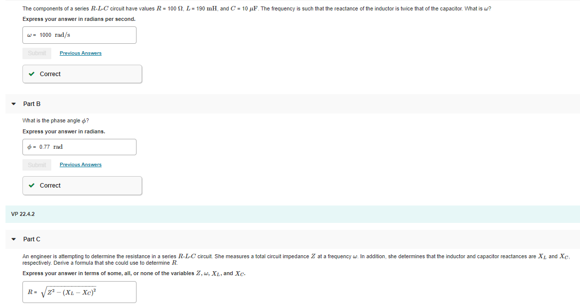 Solved The components of a series R-L-C circuit have values | Chegg.com