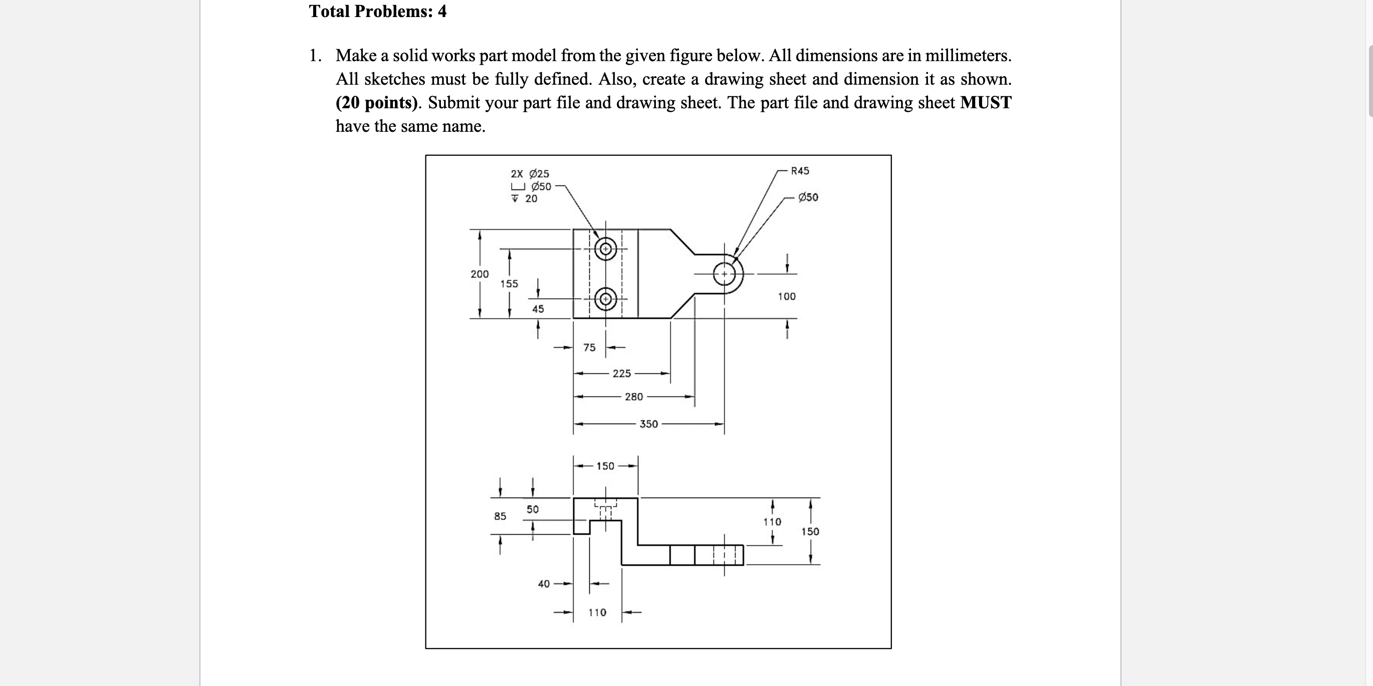 Solved 1. Make a solid works part model from the given | Chegg.com