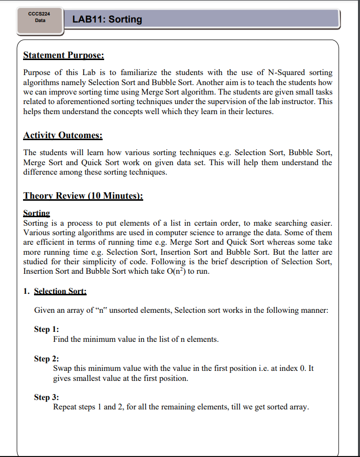 Solved CCCS224 Data LAB11: Sorting Statement Purpose: | Chegg.com
