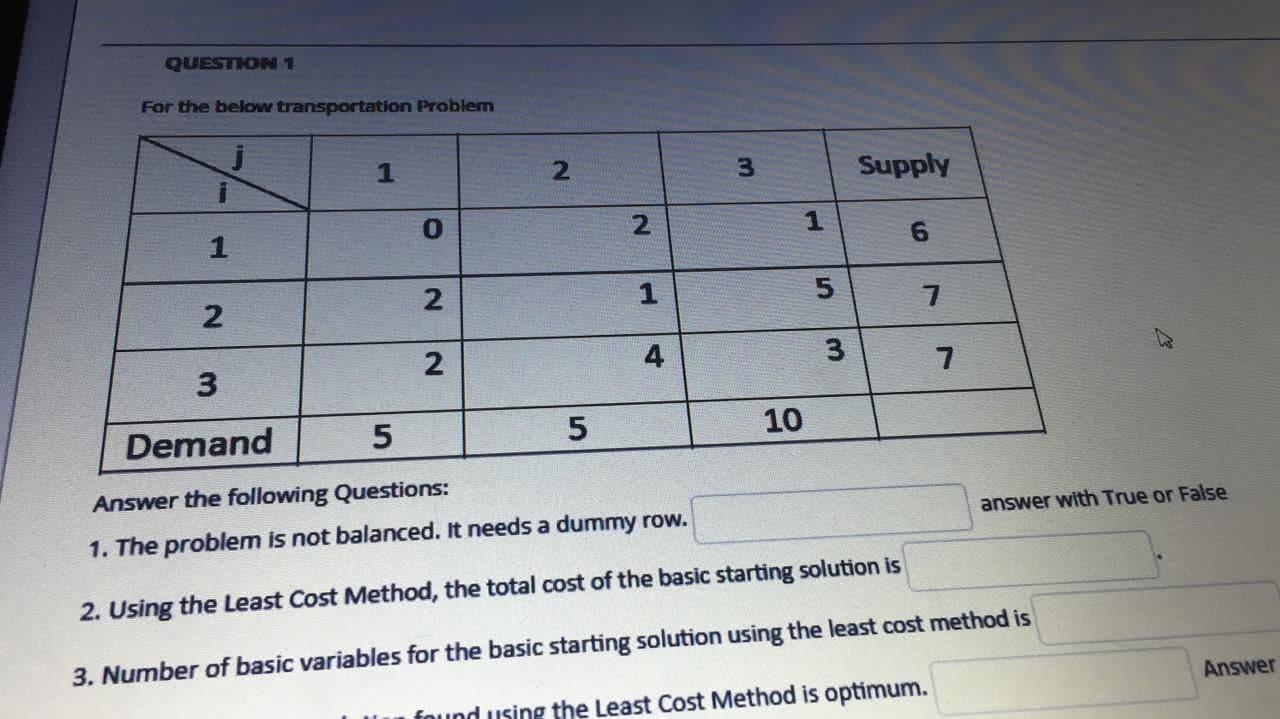 Solved QUESTION 1 For the below transportation Problem j 1 2 | Chegg.com