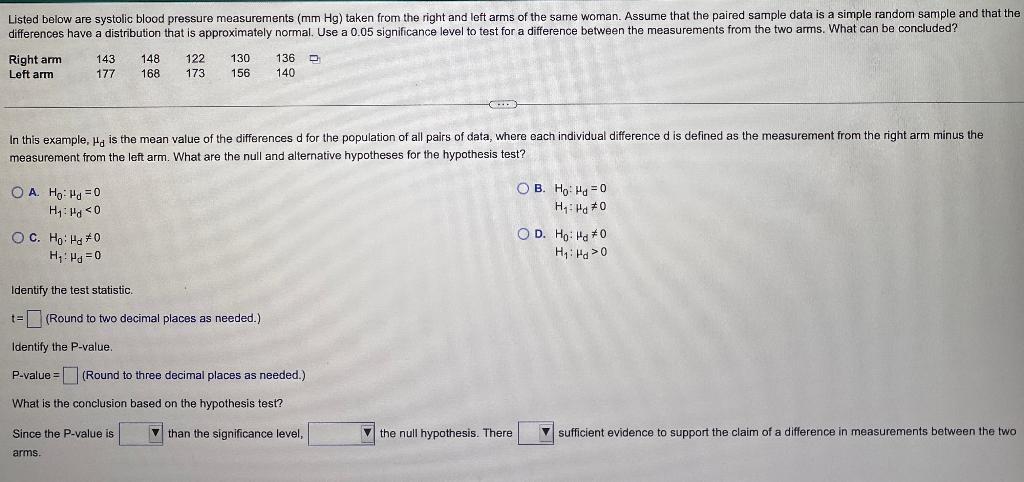 Solved measurement from the left arm. What are the null and | Chegg.com