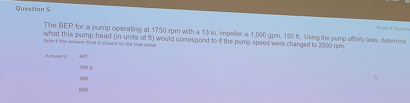 Solved The BEP for a pump operating at 1750rpm with a 13 in. | Chegg.com