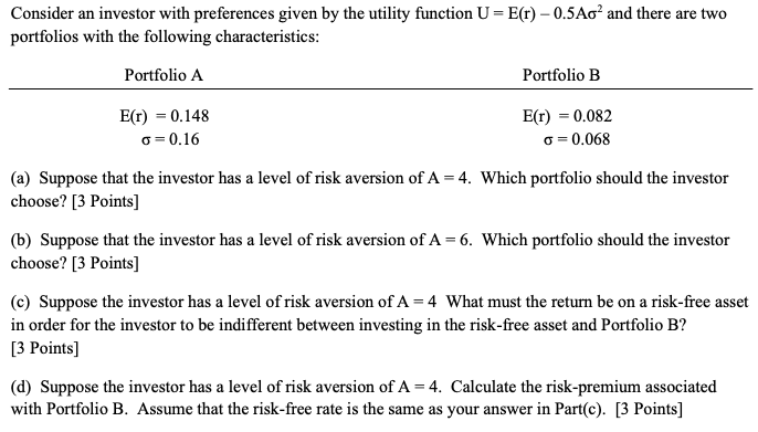 Consider an investor with preferences given by the | Chegg.com