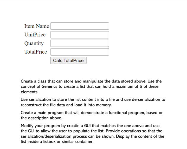 Solved Item Name UnitPrice Quantity TotalPrice Create a | Chegg.com