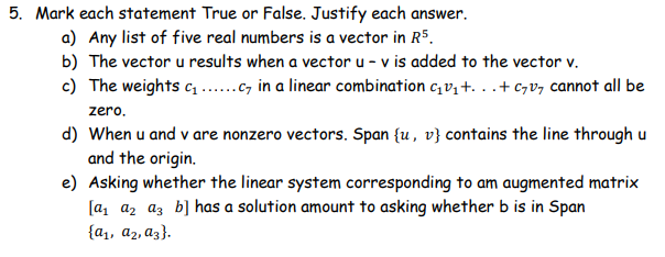 Solved 5. Mark each statement True or False. Justify each | Chegg.com