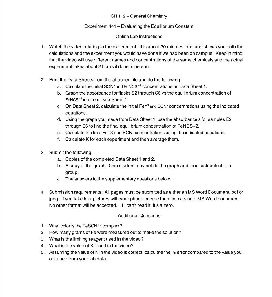 CH 112 - General Chemistry Experiment 441 - | Chegg.com