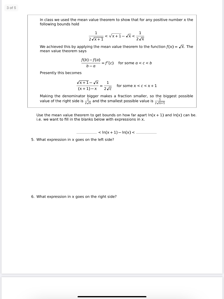 Solved 3 of 5 In class we used the mean value theorem to | Chegg.com