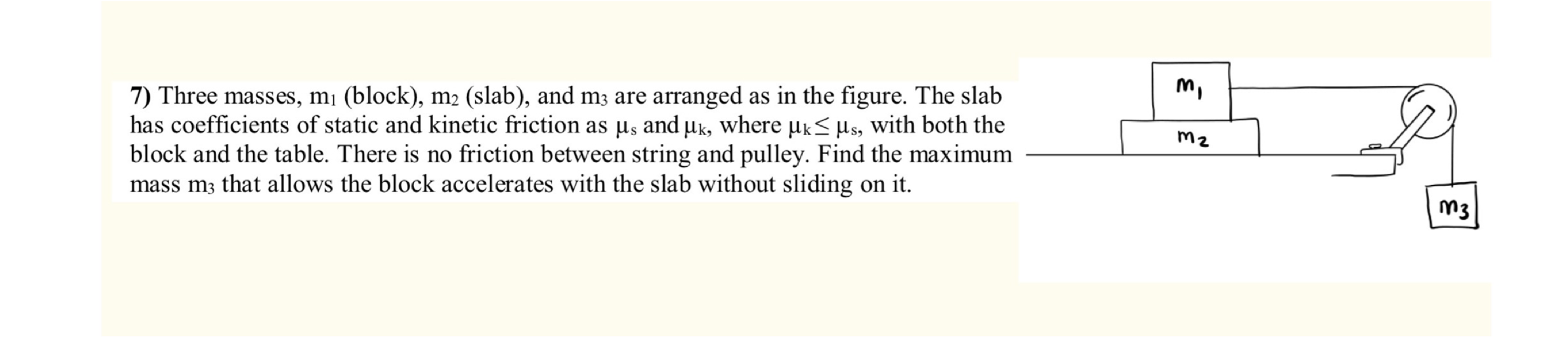 Solved 7) Three masses, m1 (block), m2 (slab), and m3 are | Chegg.com