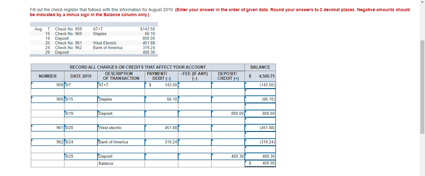 Solved Fill out the check register that follows with this | Chegg.com