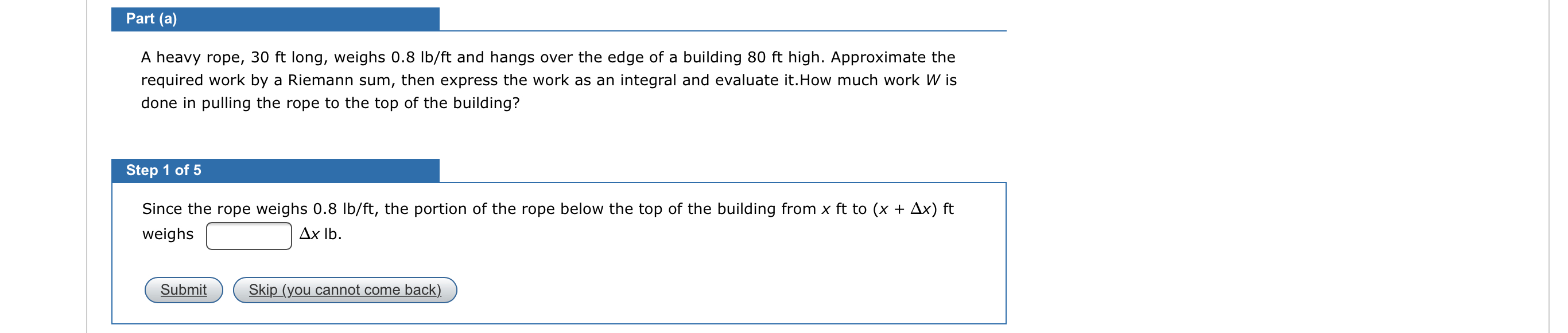Solved Part (a) A heavy rope, 30 ft long, weighs 0.8 lb/ft | Chegg.com