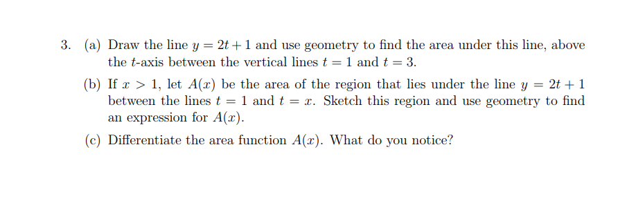 Solved 3. (a) Draw the line y 2t +1 and use geometry to find | Chegg.com
