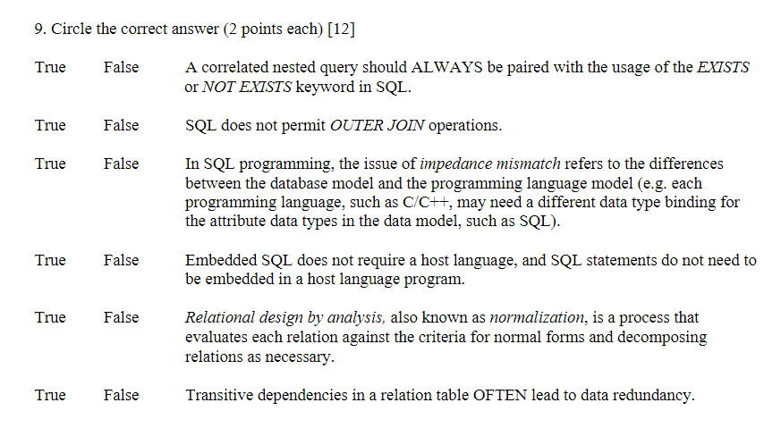 Solved 9. Circle the correct answer (2 points each) [12] | Chegg.com