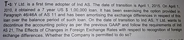 T-3: Y Ltd. is a first time adopter of Ind AS. The | Chegg.com