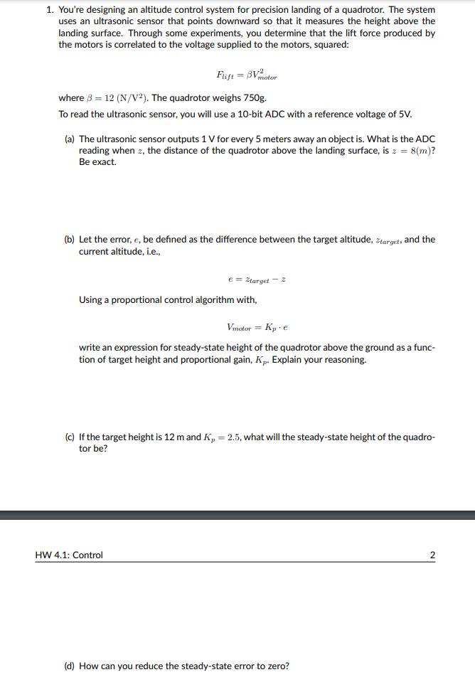 1. You're designing an altitude control system for | Chegg.com