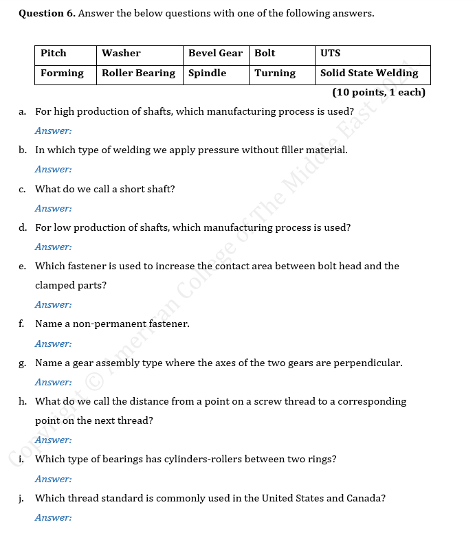 Solved Question 6. Answer the below questions with one of | Chegg.com