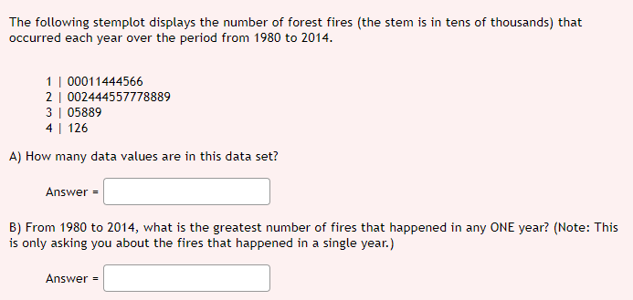Solved The following stemplot displays the number of forest | Chegg.com