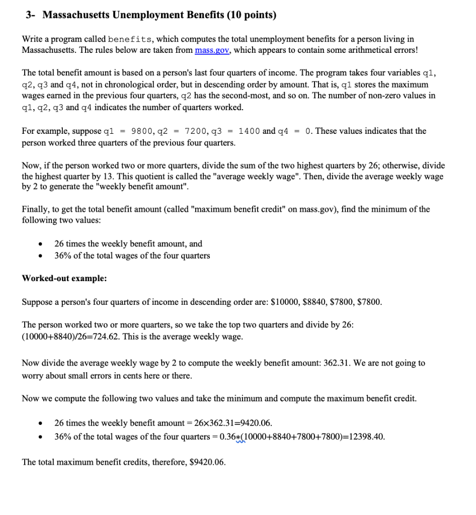 Solved 3- Massachusetts Unemployment Benefits (10 points) | Chegg.com