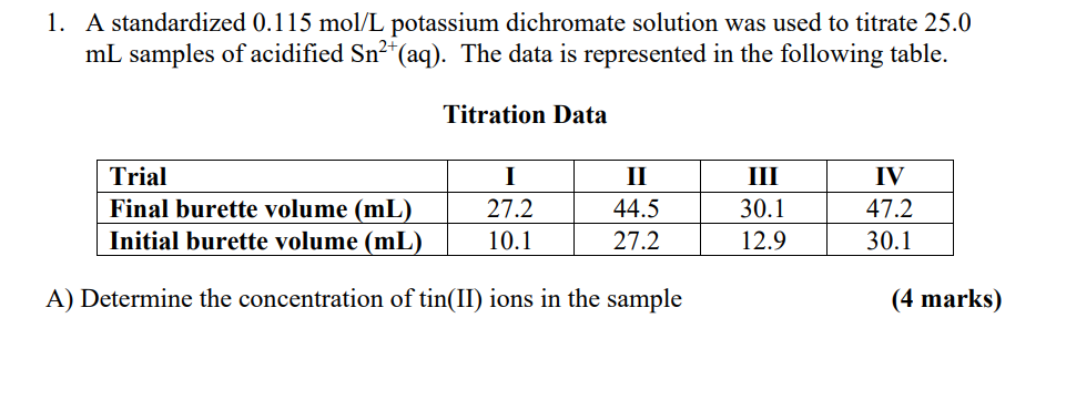 Solved 1. A standardized 0.115 mol/L potassium dichromate | Chegg.com