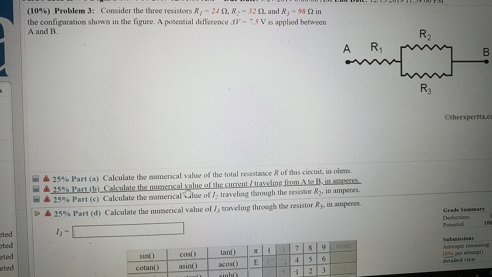 Solved 1 . Tv (10%) Problem 3: Consider the three resistors | Chegg.com