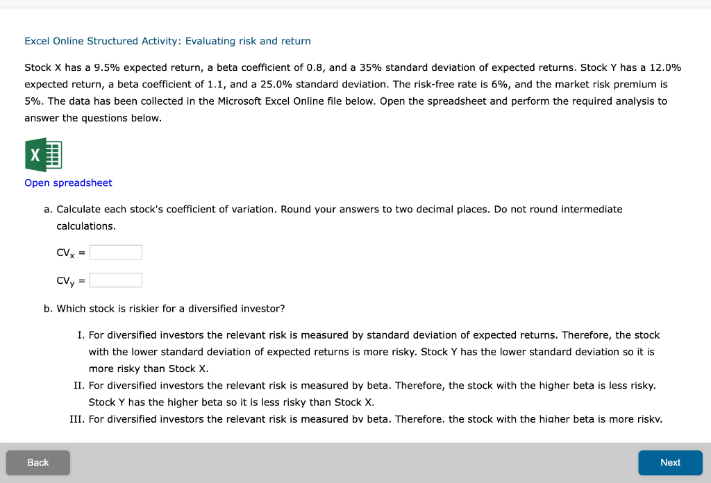 Solved Excel Online Structured Activity: Evaluating risk and | Chegg.com