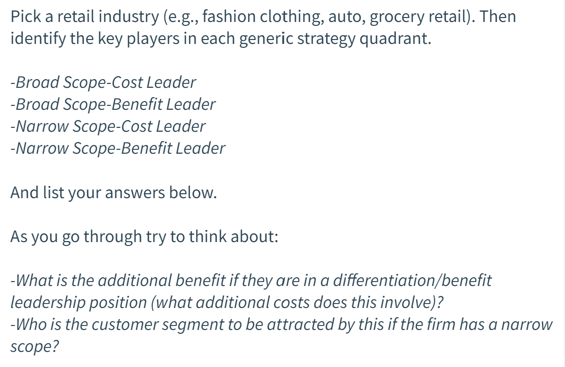 Solved Pick a retail industry (e.g., fashion clothing, auto, | Chegg.com