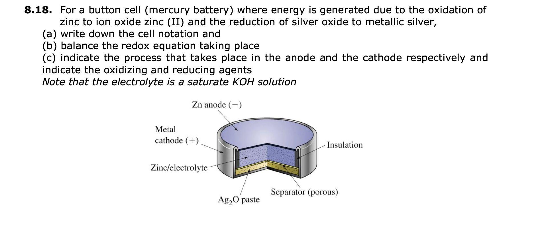 Solved 8.18. For a button cell (mercury battery) where | Chegg.com