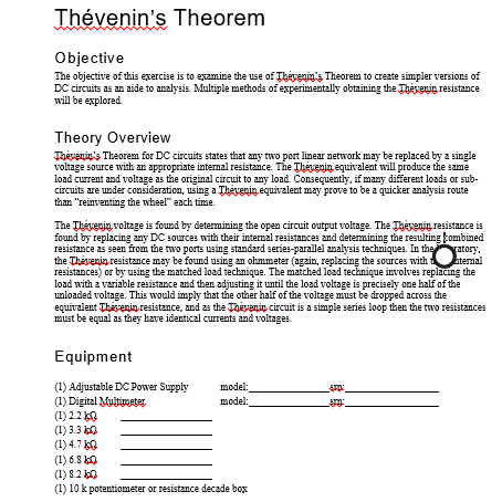 Solved Thévenin's Theorem Objective The objective of this | Chegg.com