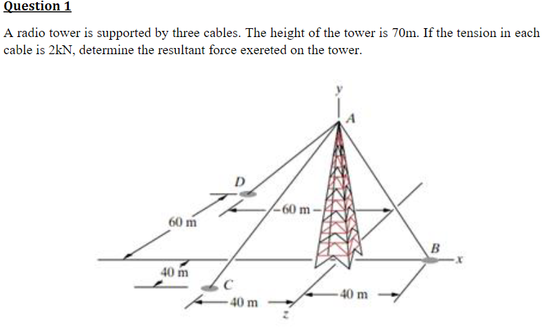 Solved Question 1A radio tower is supported by three cables. | Chegg.com