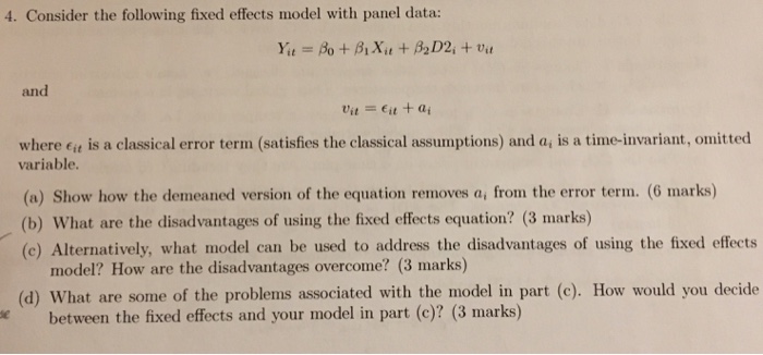Solved 4. Consider the following fixed effects model with | Chegg.com