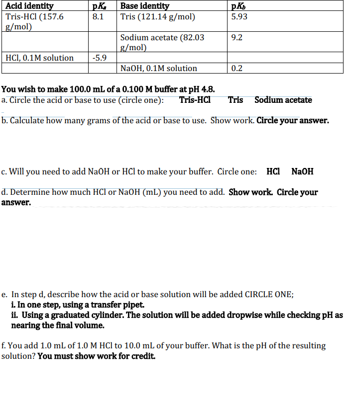 Solved You wish to make 100.0 mL of a 0.100M buffer at | Chegg.com