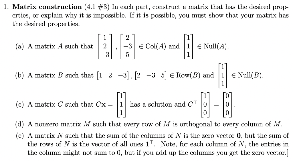 Solved 1. Matrix construction (4.1 #3) In each part, | Chegg.com