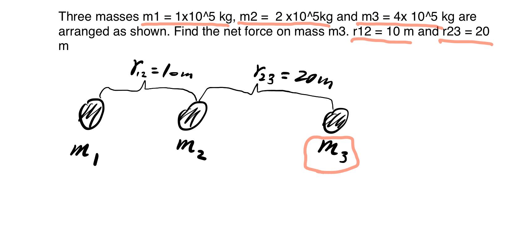 Solved Three masses m1=1×10∧5 kg, m2=2×10∧5 kg and m3=4×10∧5 | Chegg.com