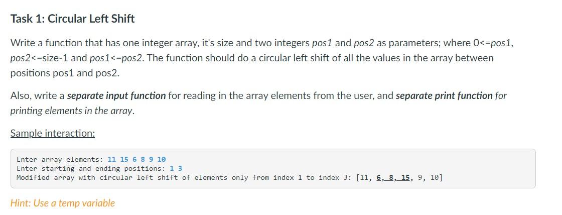 Solved Task 1 Circular Left Shift Write A Function That Has 
