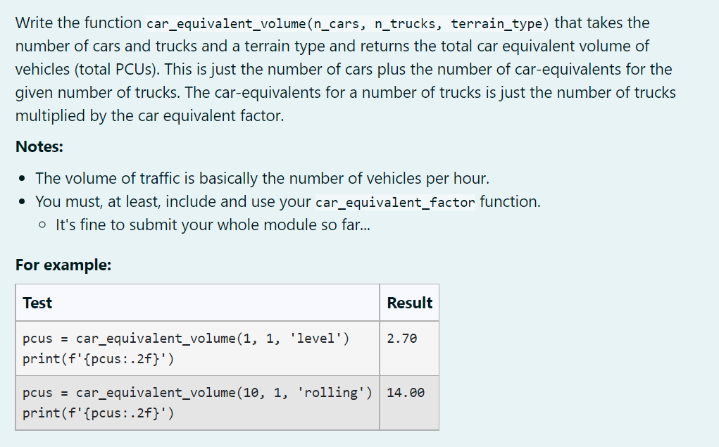 Solved code for car_equivalent_factor: def | Chegg.com