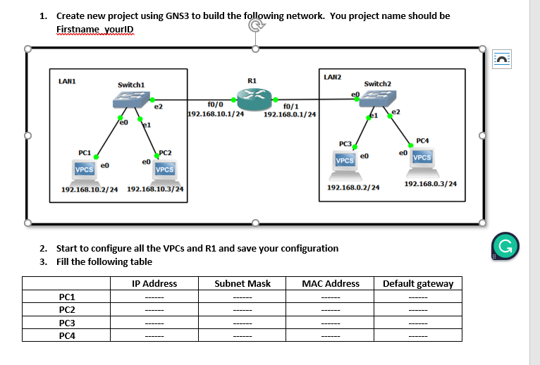 Solved 1. Create new project using GNS3 to build the | Chegg.com