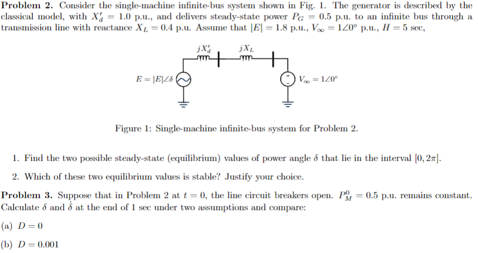 Solved Problem 2. Consider the single-machine infinite-bus | Chegg.com