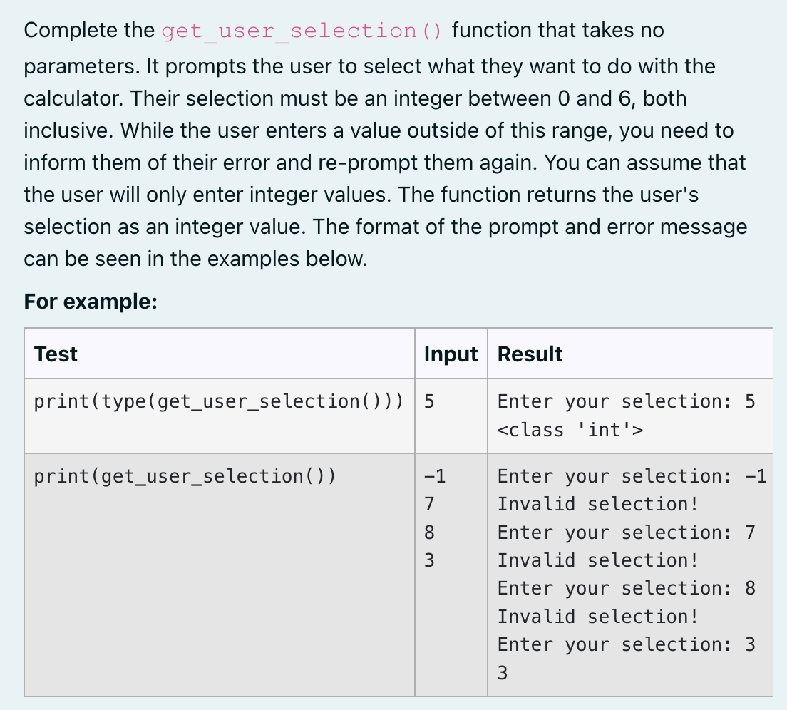 Solved Complete the get_user_selection () function that | Chegg.com