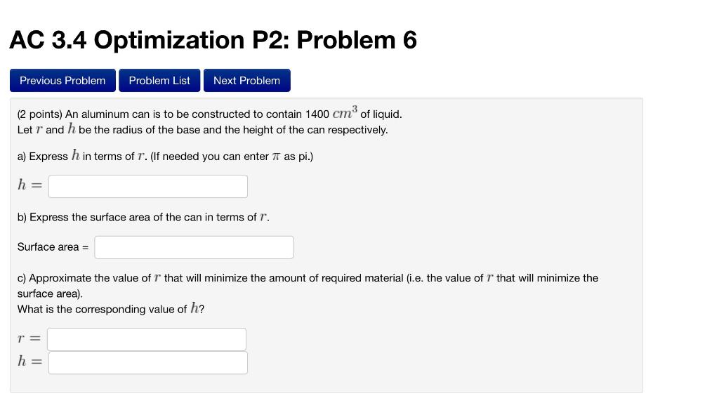 Solved AC 3.4 Optimization P2: Problem 6 Previous Problem | Chegg.com