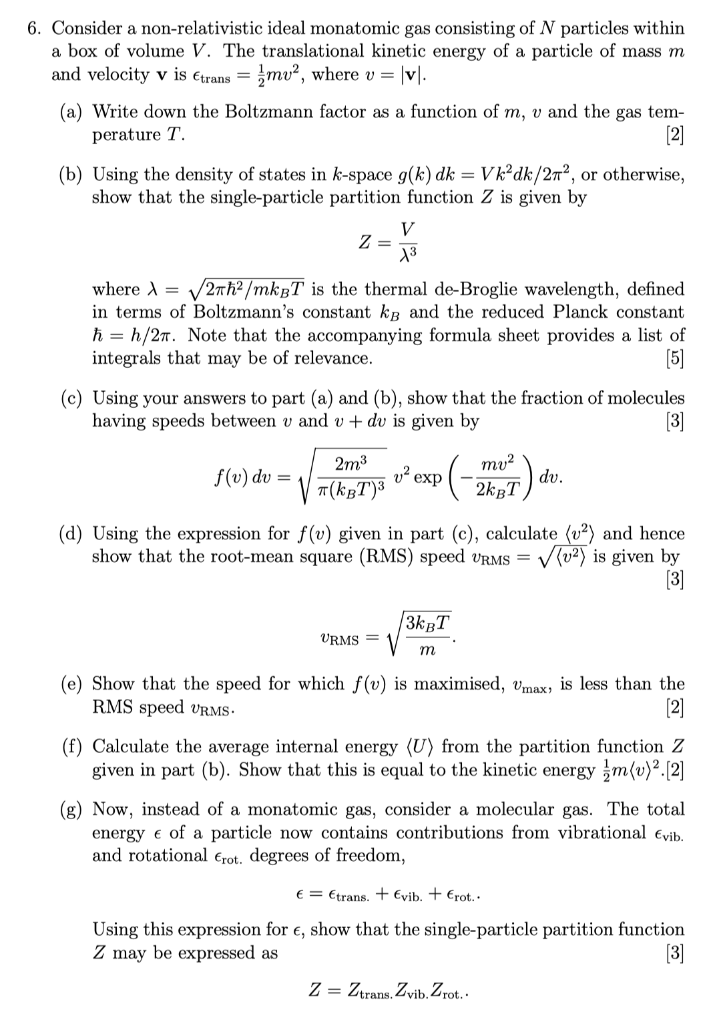 Solved 6. Consider a non-relativistic ideal monatomic gas | Chegg.com