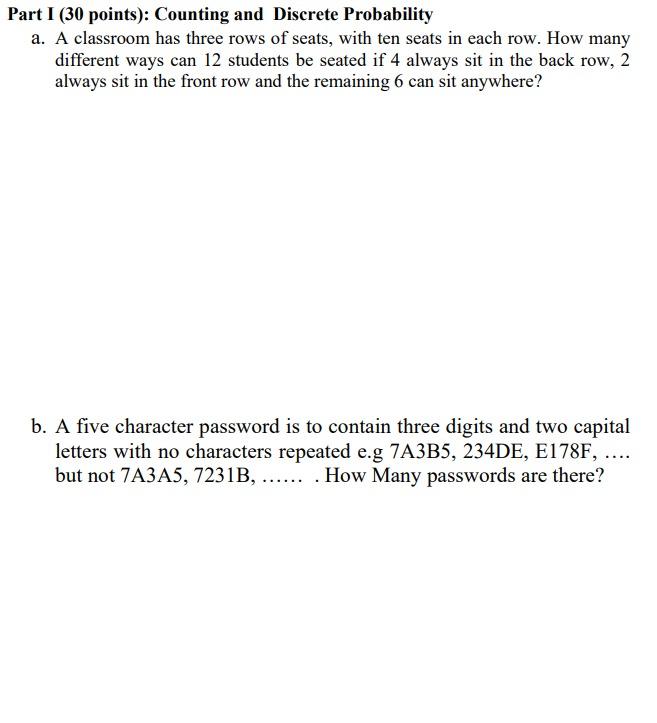 Solved Part I (30 points): Counting and Discrete Probability | Chegg.com